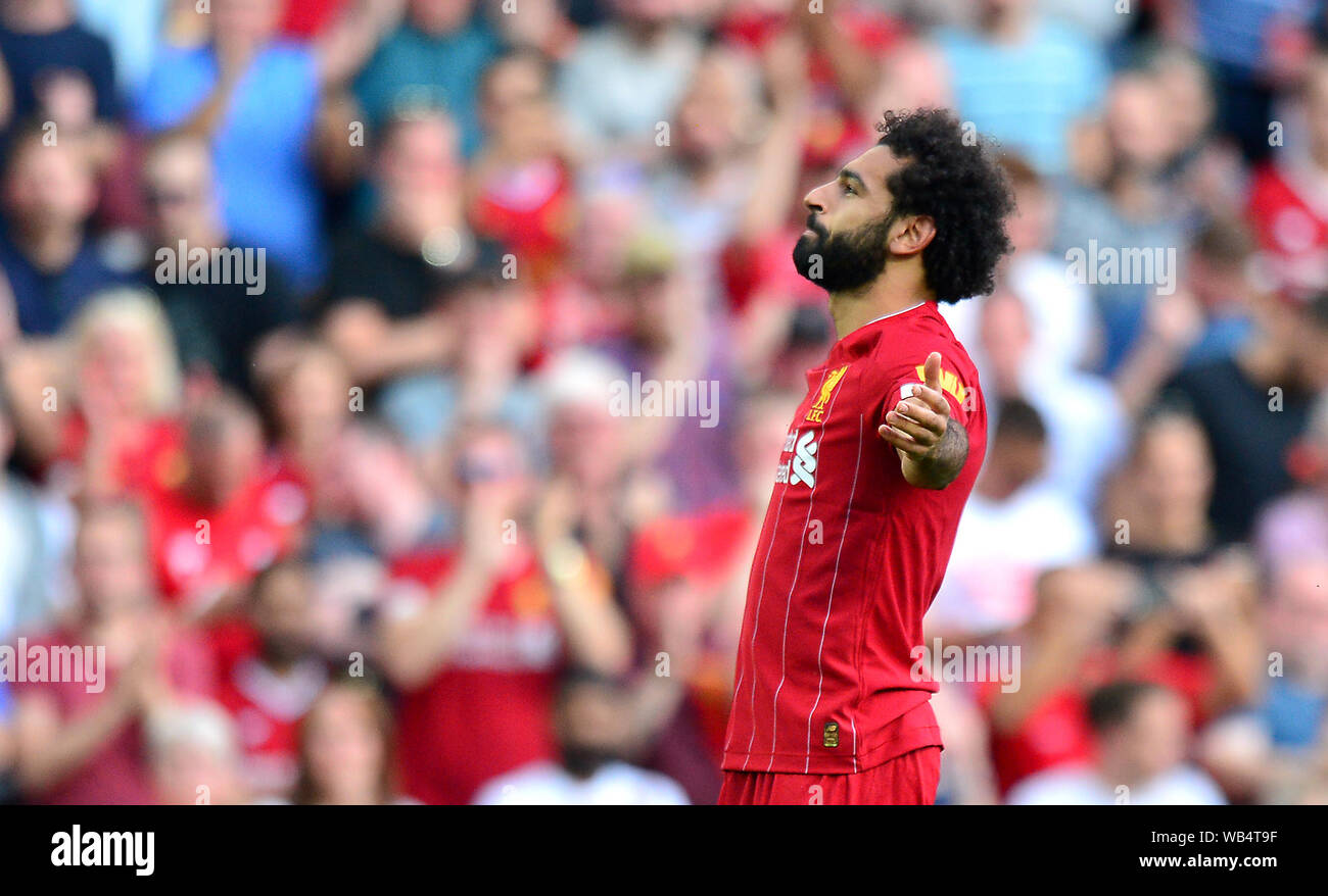 Liverpool's Mohamed Salah celebrates scoring his side's second goal of ...