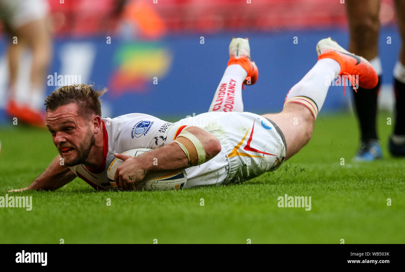 Sheffield Eagles' Aaron Brown scores a try during the 1895 Cup Final at ...