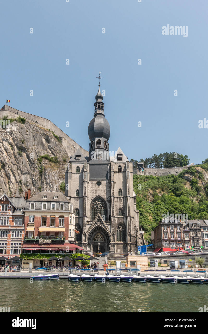 Dinant, Belgium - June 26, 2019: Frontal view on gray stone Notre Dame ...