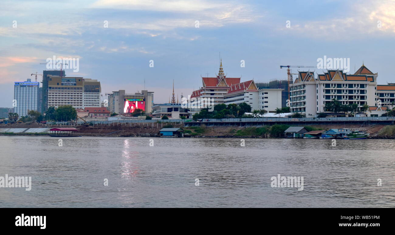 Phnom Penh growing city skyline from Mekong river, Cambodia Stock Photo ...