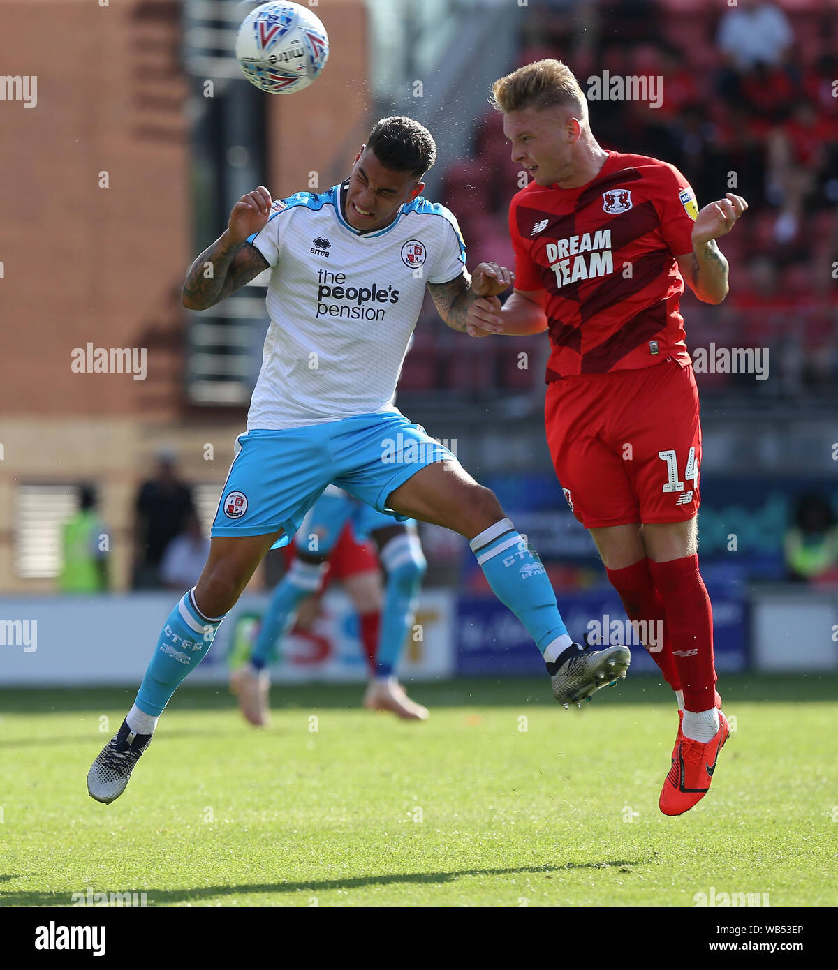 London, UK. 24th Aug, 2019. Crawley Town's Reece Grego-Cox (L) and ...