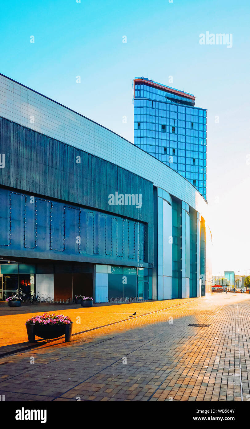 EU Street view with modern steel and glass skyscrapers reflecting the ...