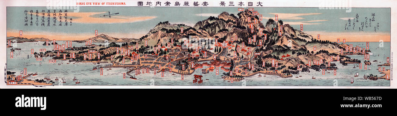 [ 1920s Japan - Map of Itsukushima, 1923 ] — Illustrated map "Birds Eye ...