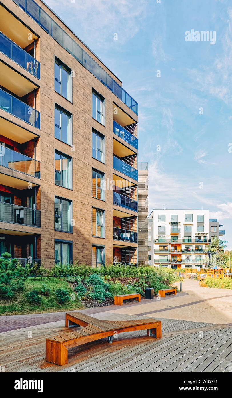 Europe Benches at Modern architectural complex of apartment residential ...