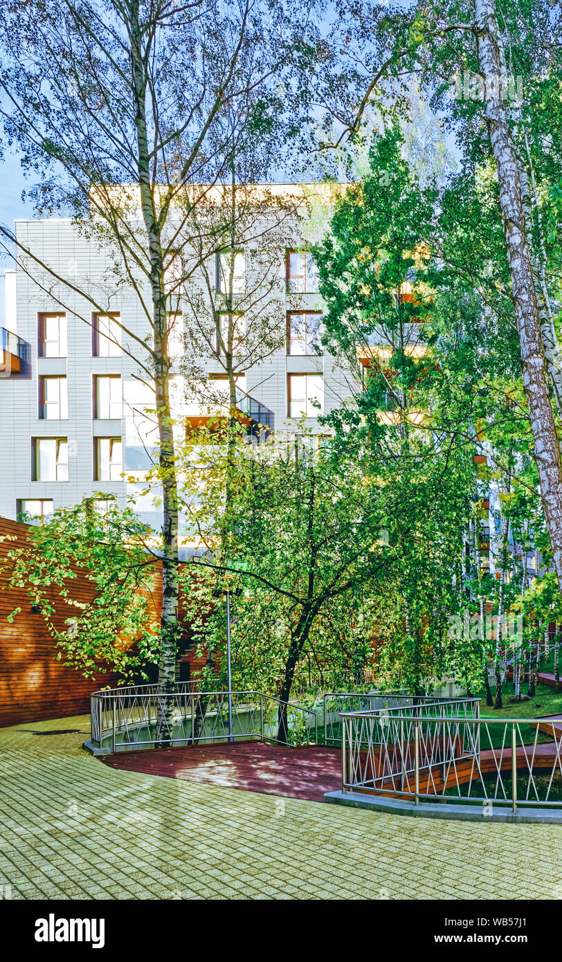 Europe Birch trees and Modern glass residential building. And outdoor ...