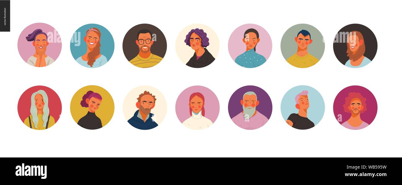 Real people portraits set - hand drawn flat style vector design concept ...