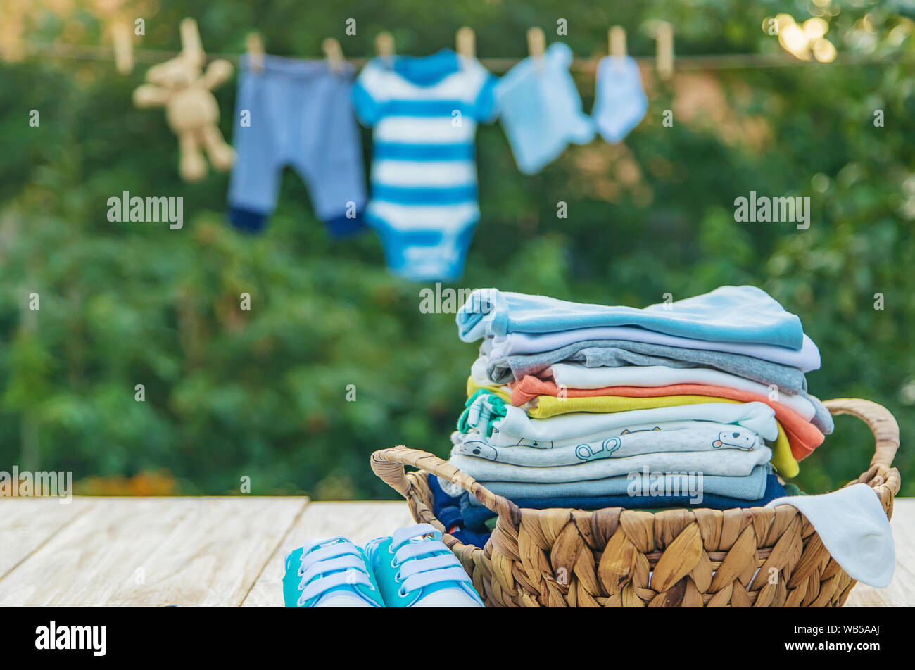 washing baby clothes. Linen dries in the fresh air. Selective focus ...