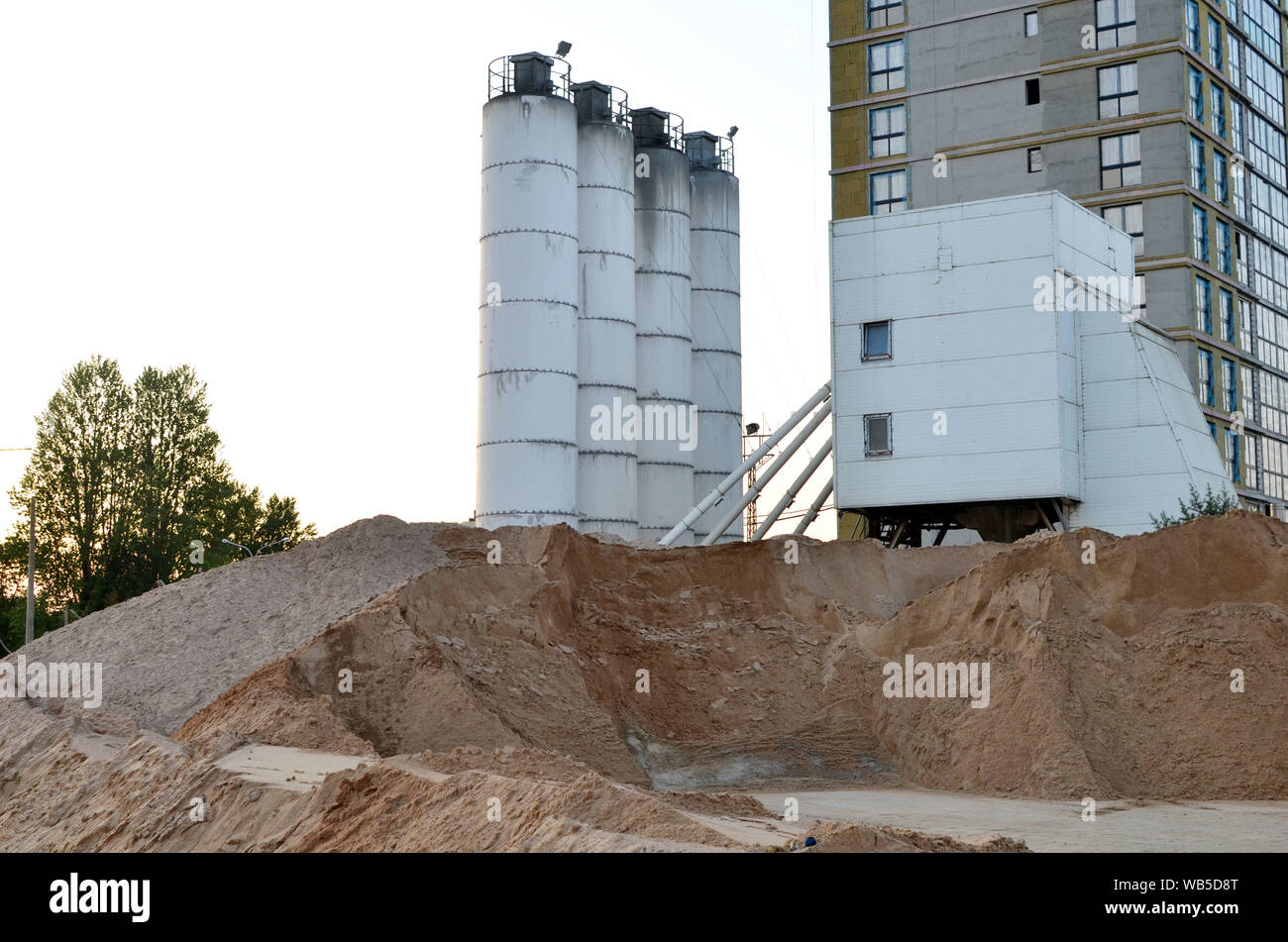 Stationary concrete batching plant on construction site. Producing ...