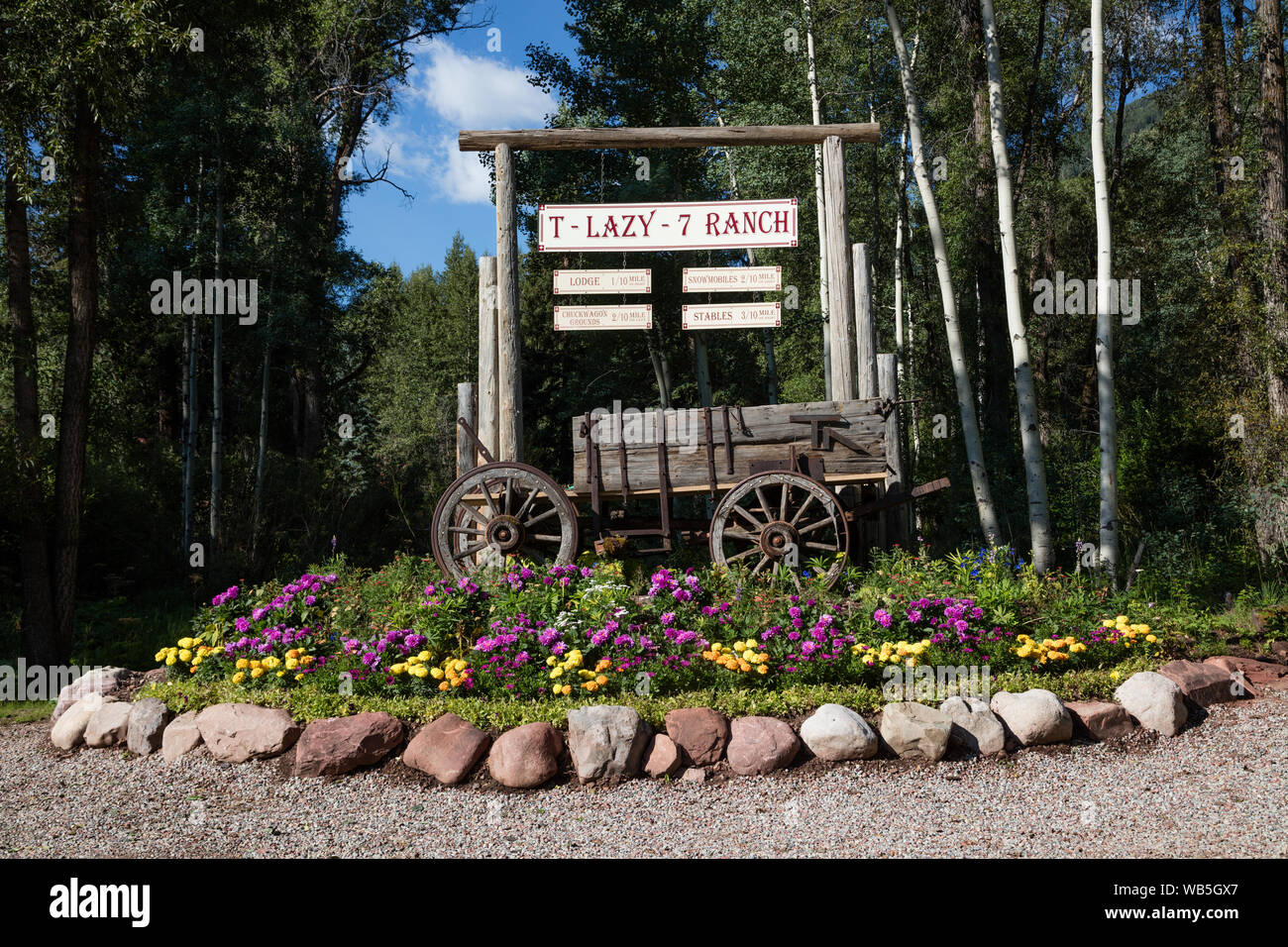 Entrance to the T-Lazy-7 guest ranch, on the winding road to the Maroon ...