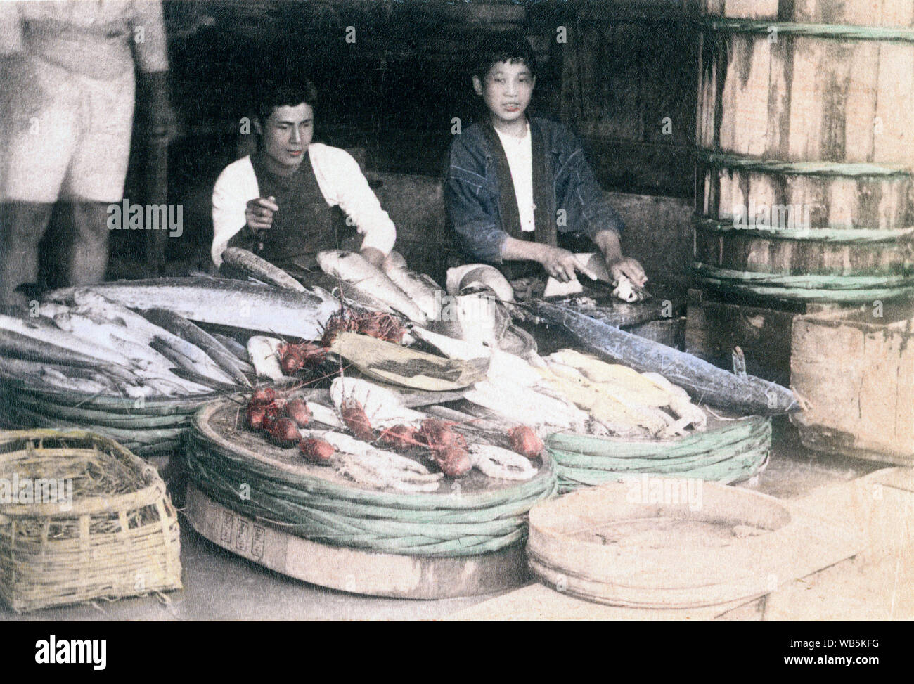 [ 1890s Japan - Japanese Fish Shop ] — Two young men are relaxing in a ...