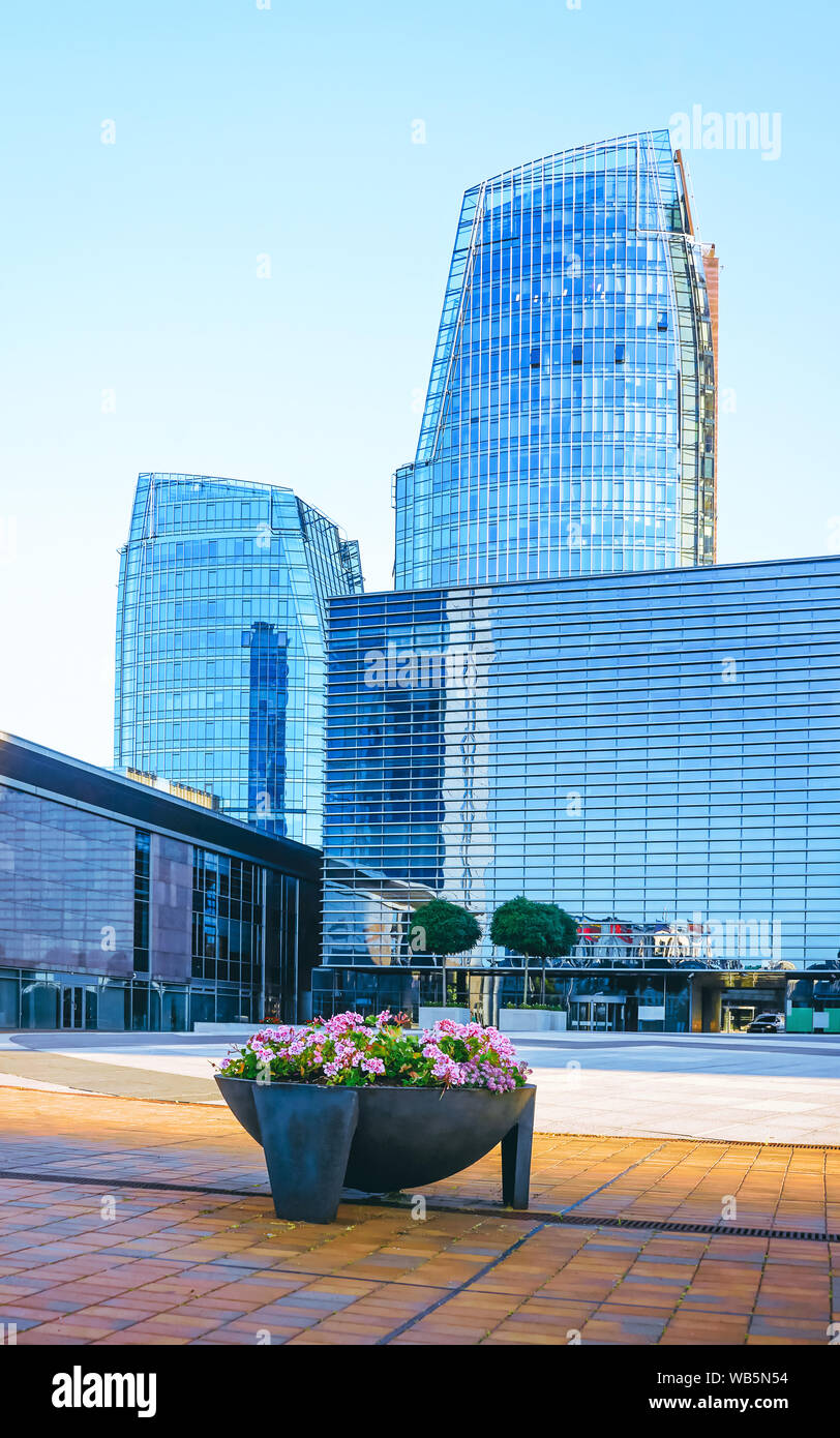 EU Street view on modern steel and glass skyscraper architecture ...