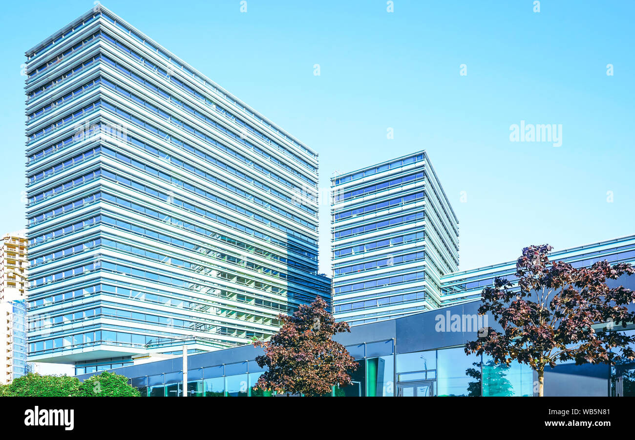 EU Street view with modern steel and glass skyscraper building ...