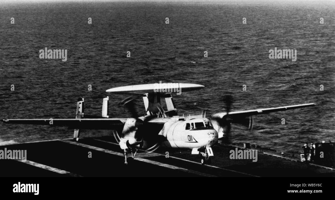 E-2A Hawkeye of VAW-115 lands on USS Ranger (CVA-61), circa in 1968 ...