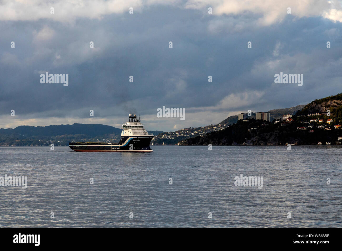PSV platform supply vessel North Pomor, awaiting berth outside port of ...