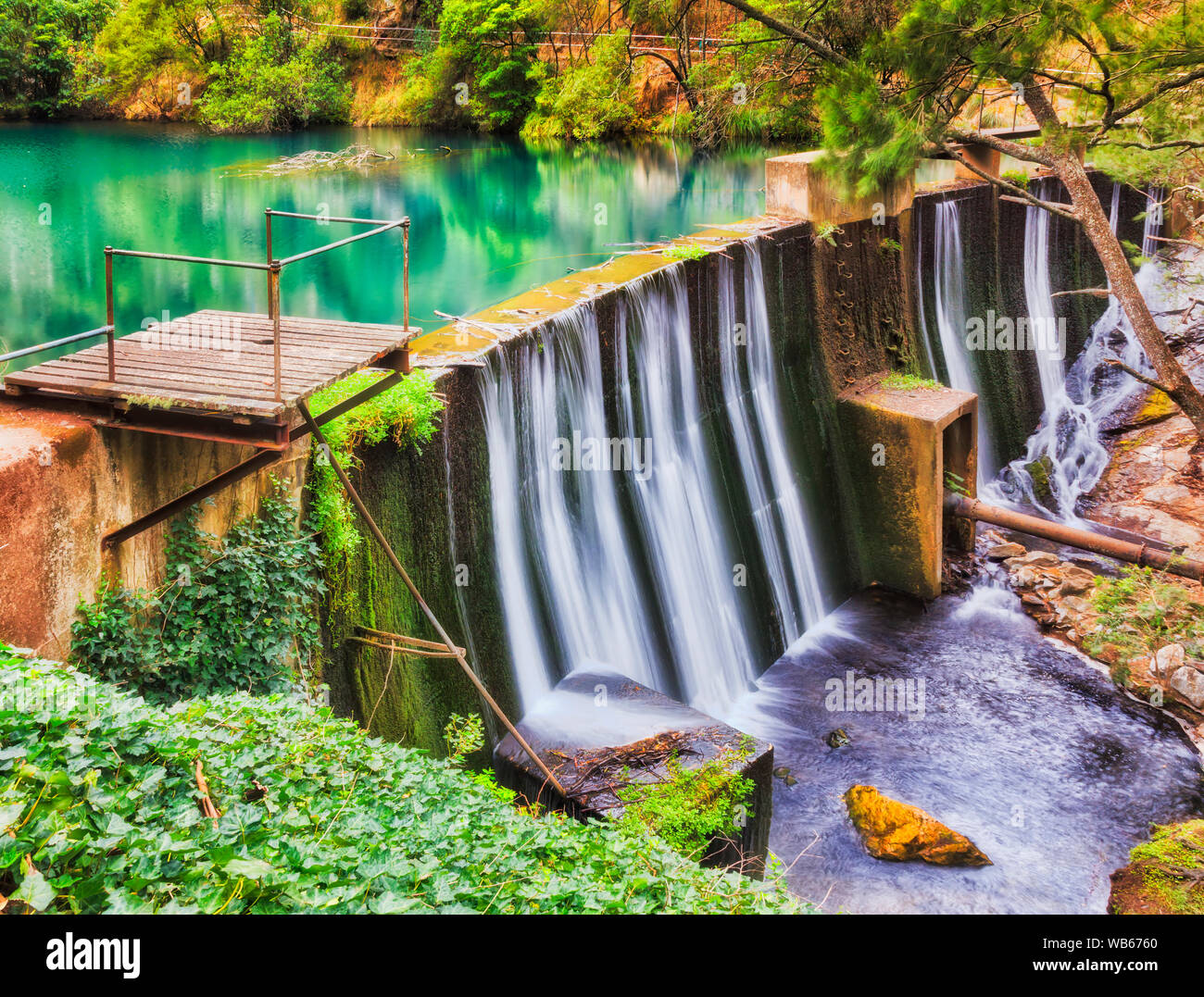 Dam on Jenolan river closing water stream forming Blue Lake under ...