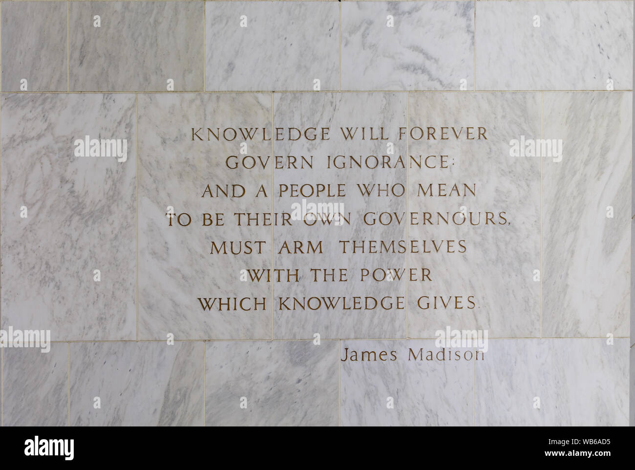 Exterior view. Detail at main entrance. Quotation from James Madison ...