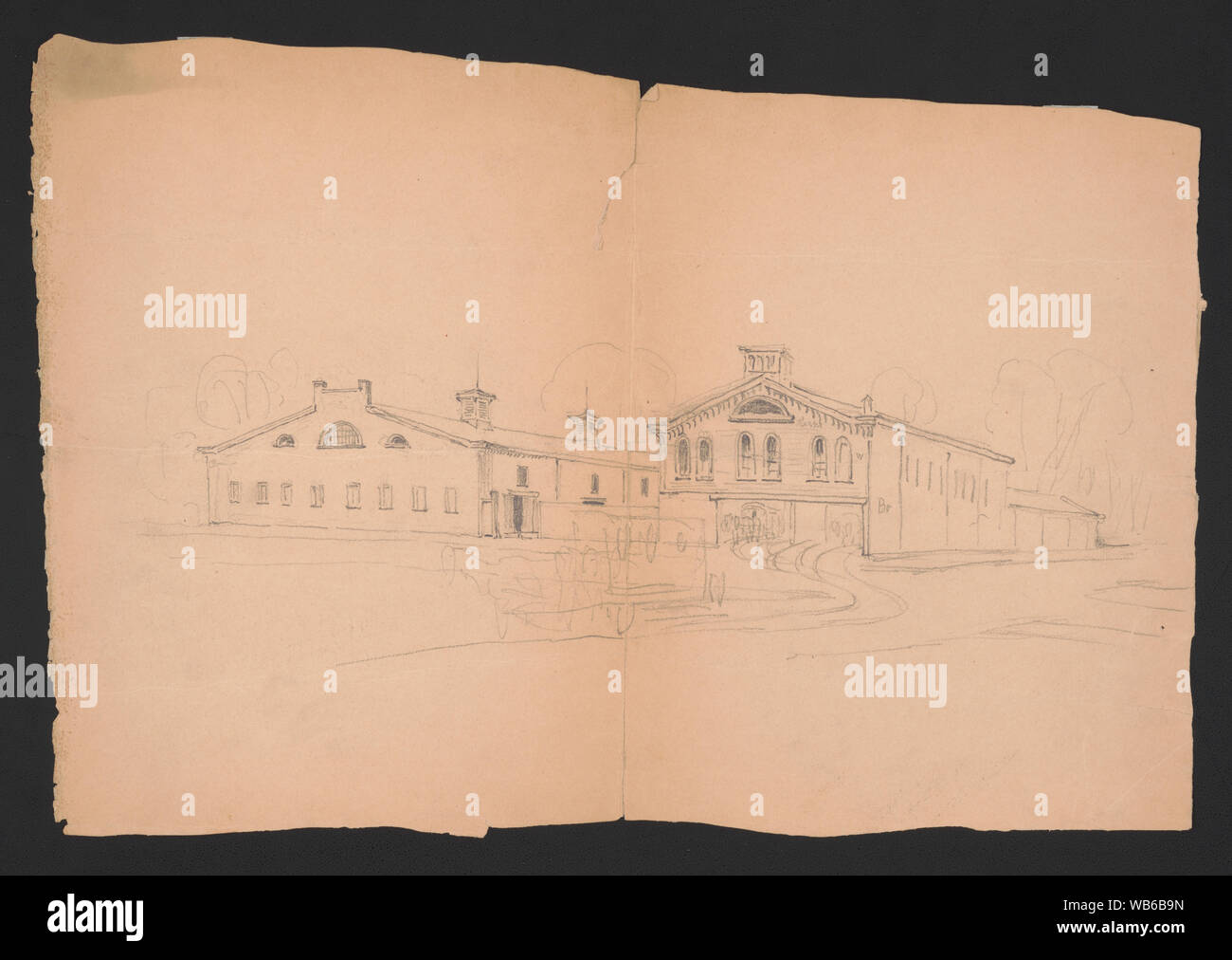 Exterior view of tram terminal building, with sketch of horses pulling ...