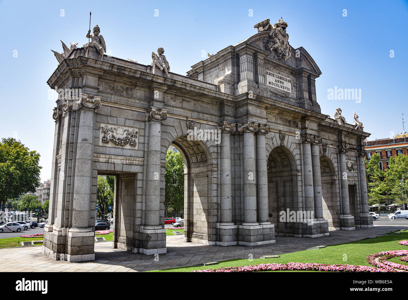 Madrid, Spain - July 22, 2019: Puerta de Alcala arch in Plaza de la ...