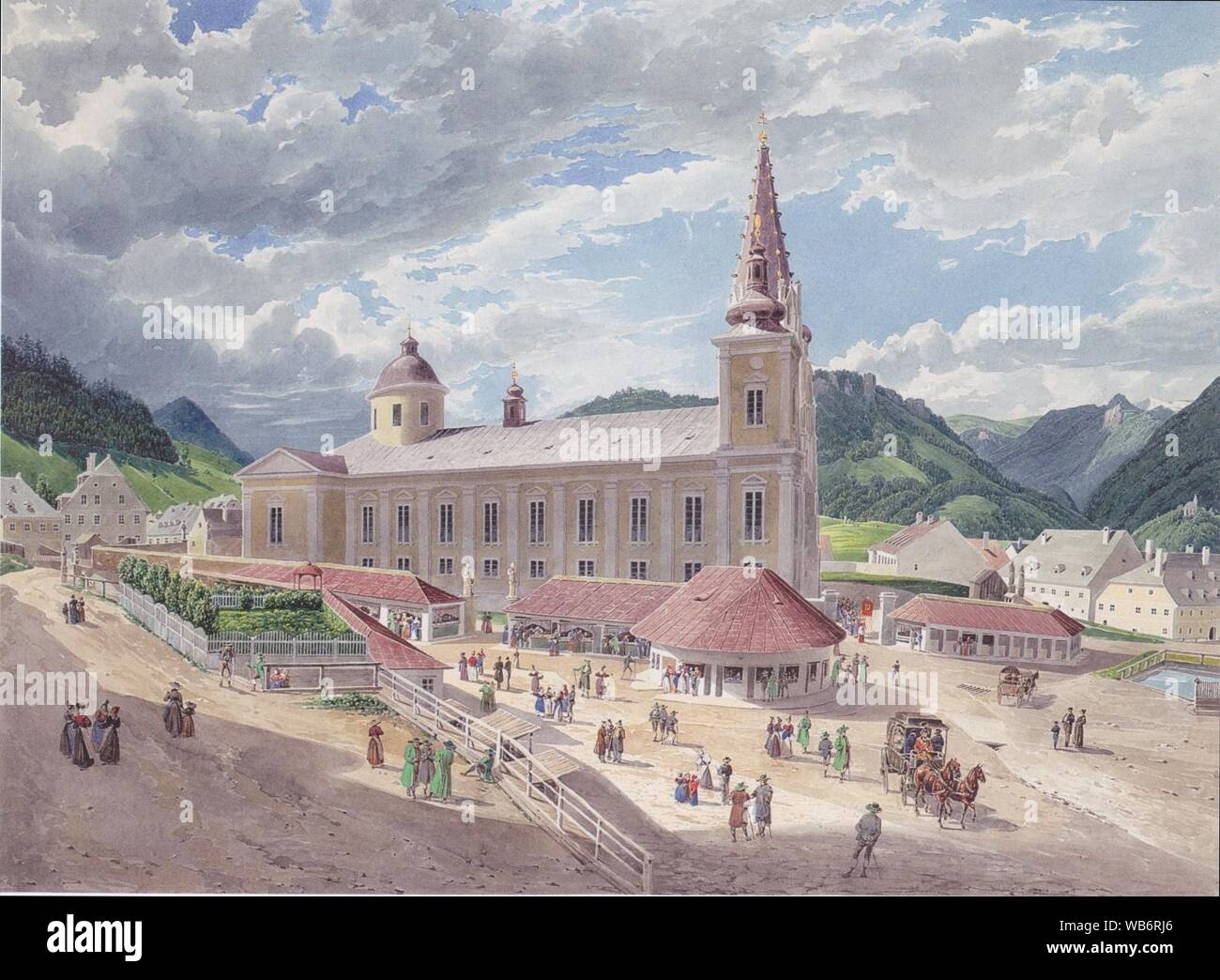 Eduard Gurk - Die Basilika Mariazell vom Kirchplatz aus - ca 1833 Stock ...