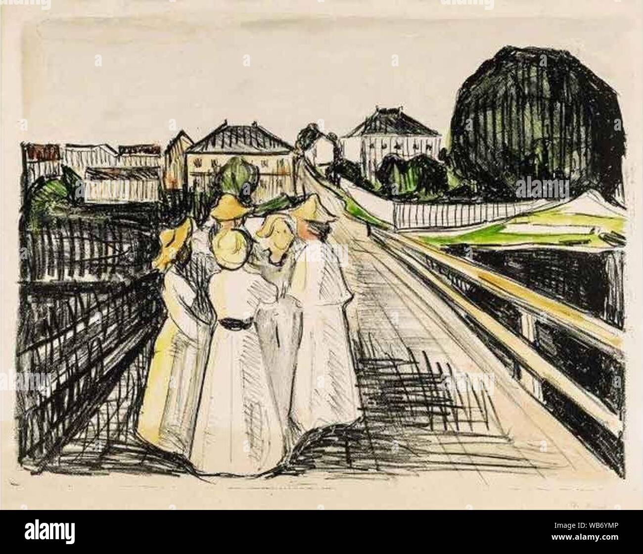 Edvard Munch (1863-1944) On the Bridge 1912. Hand colored lithograph on ...