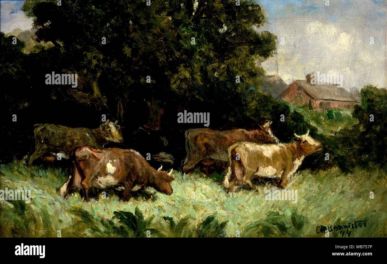 Edward Mitchell Bannister - Untitled (five cows in pasture, rooftop in ...