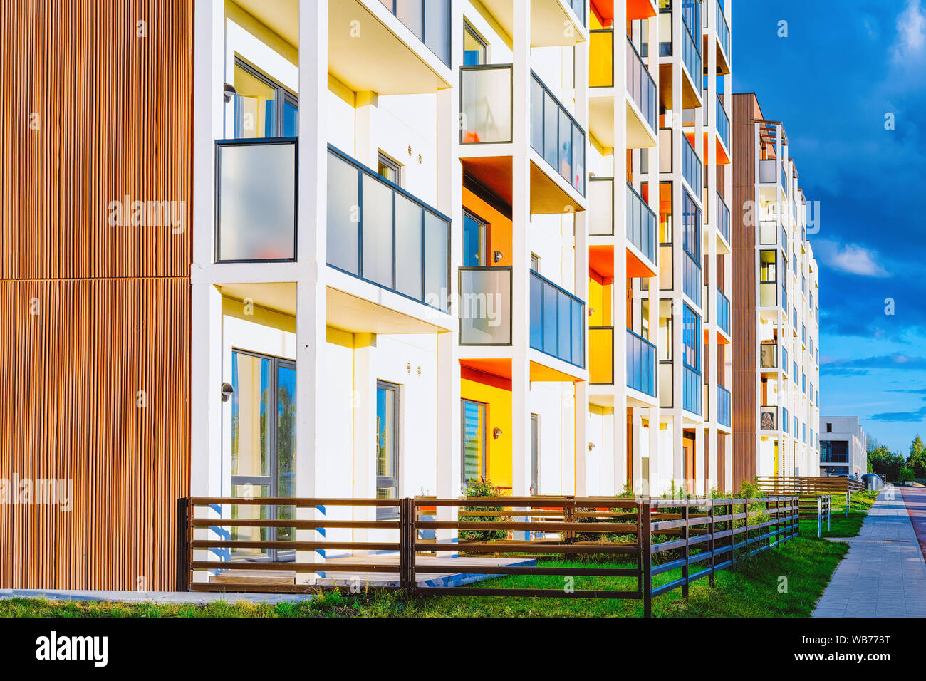 Apartment home residential buildings outdoor concept. Street and ...
