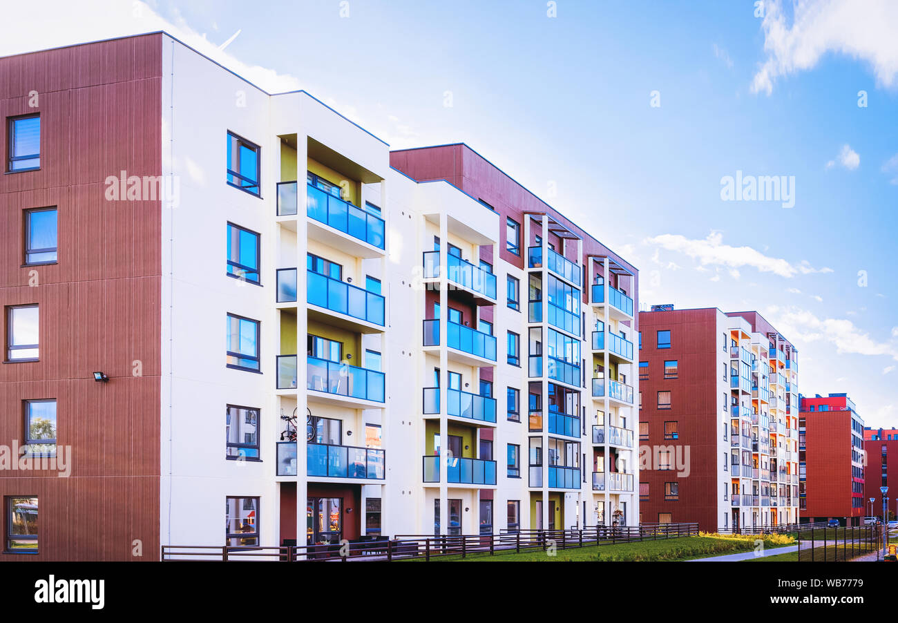 Apartment home residential building outdoor concept. Street and ...