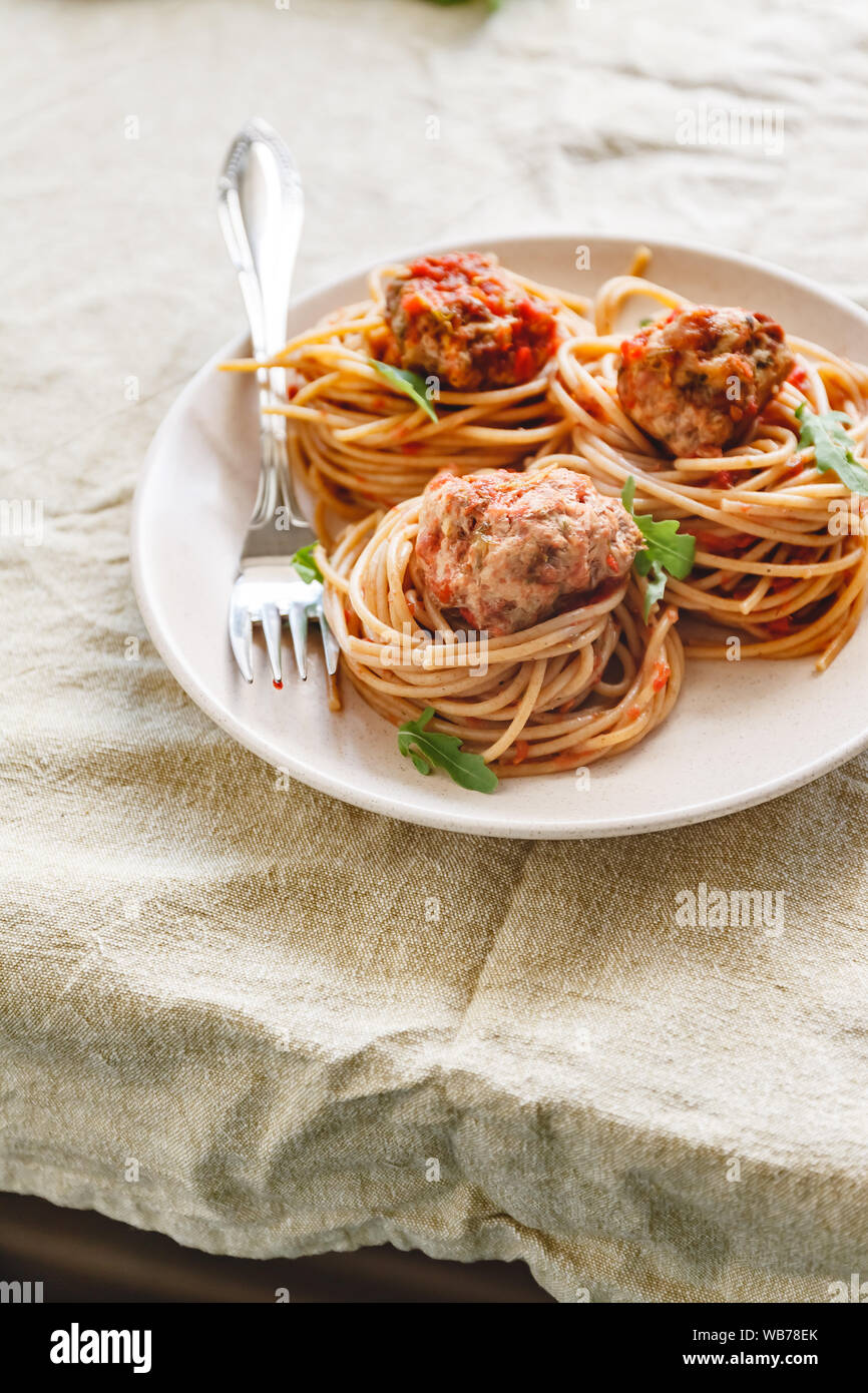 Original Italian Spaghetti With Meatballs In Tomato Sauce Stock Photo ...
