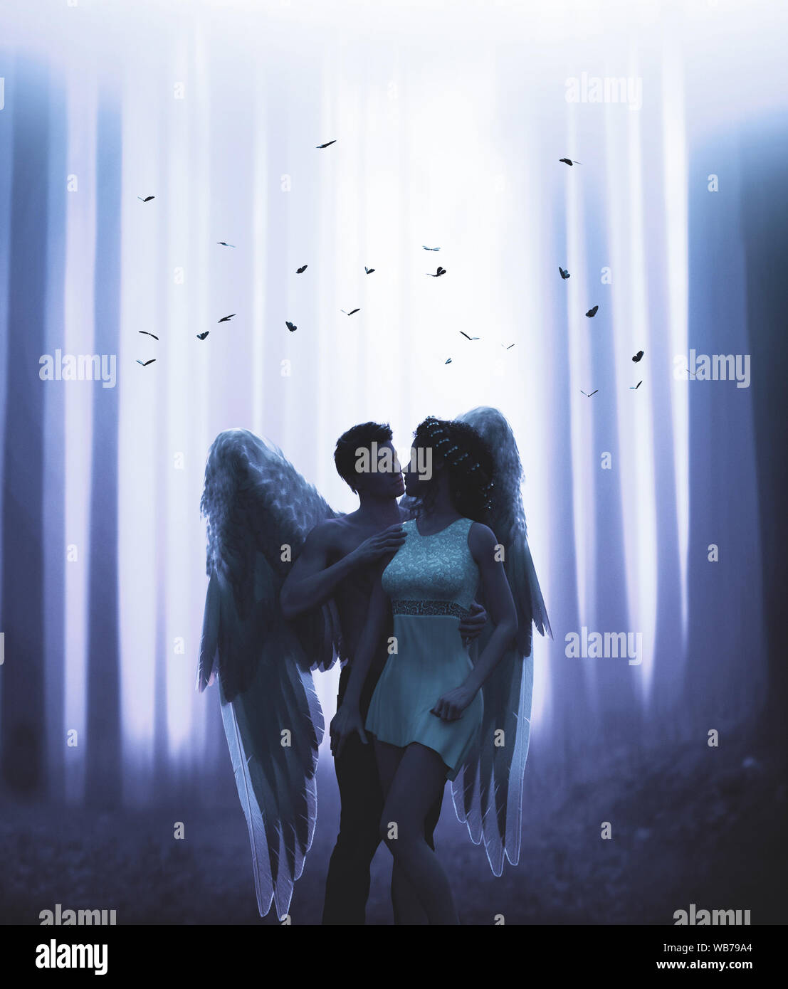An angel and the woman in mystic forest,3d illustration Stock Photo - Alamy