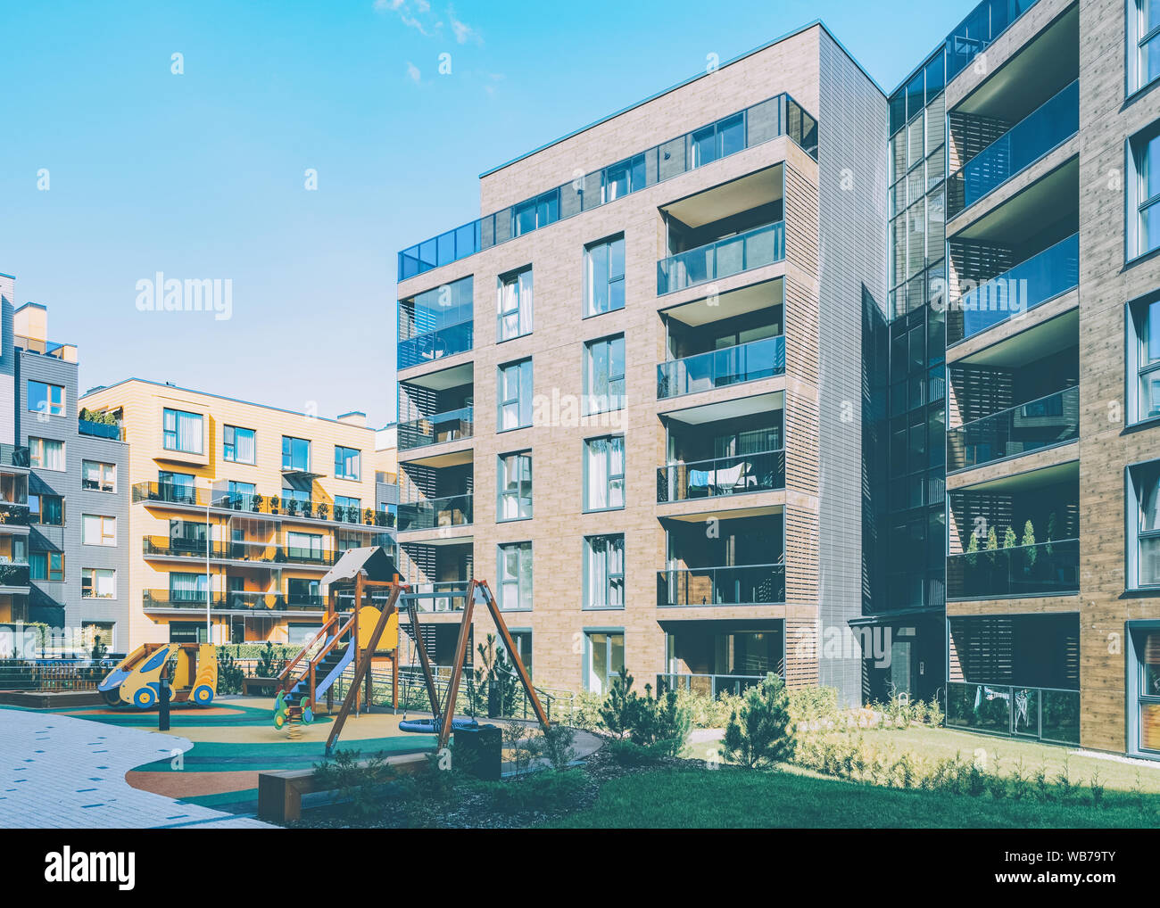 Children playground at complex of apartment residential buildings ...