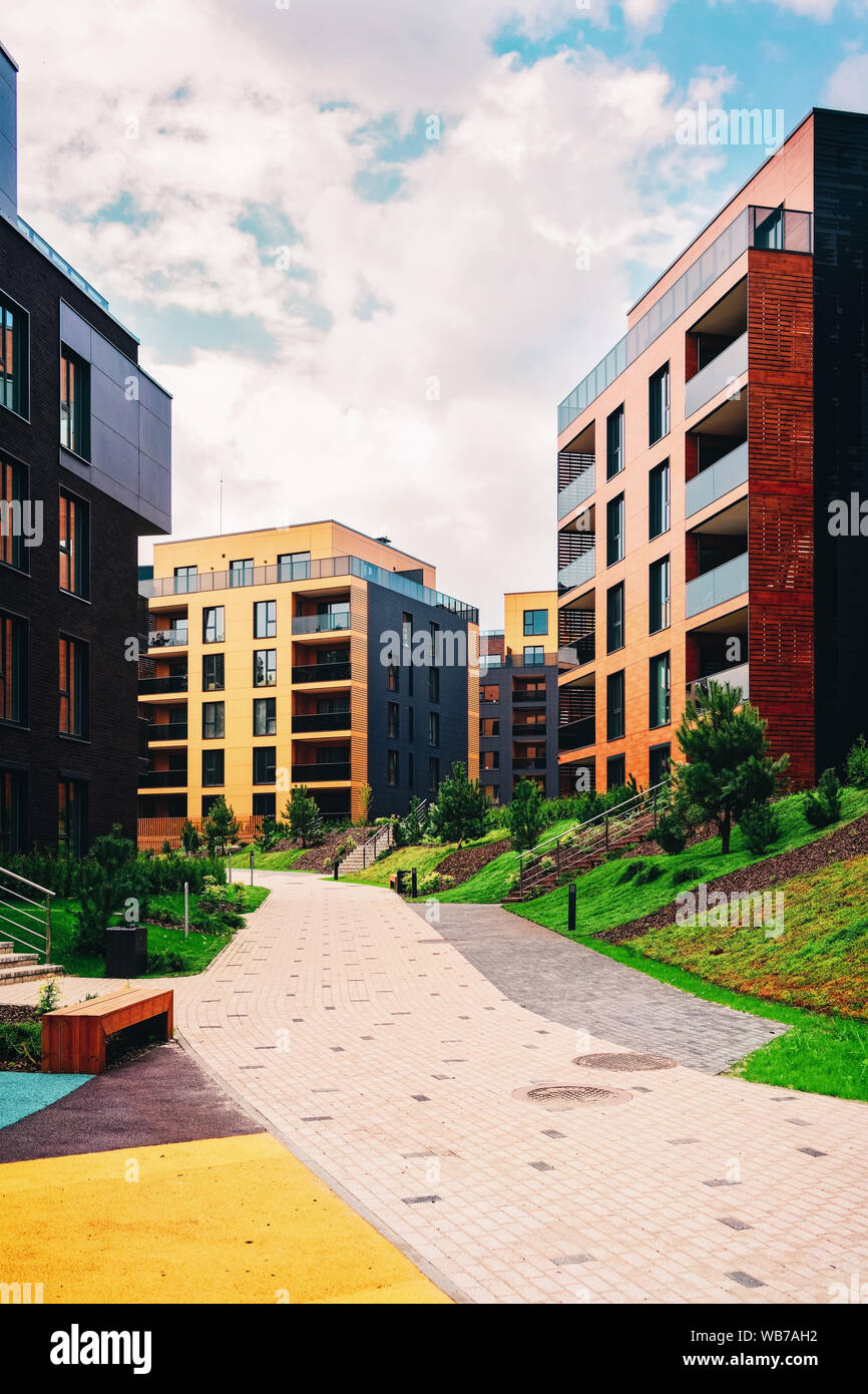Complex of European residential apartment buildings. With outdoor ...