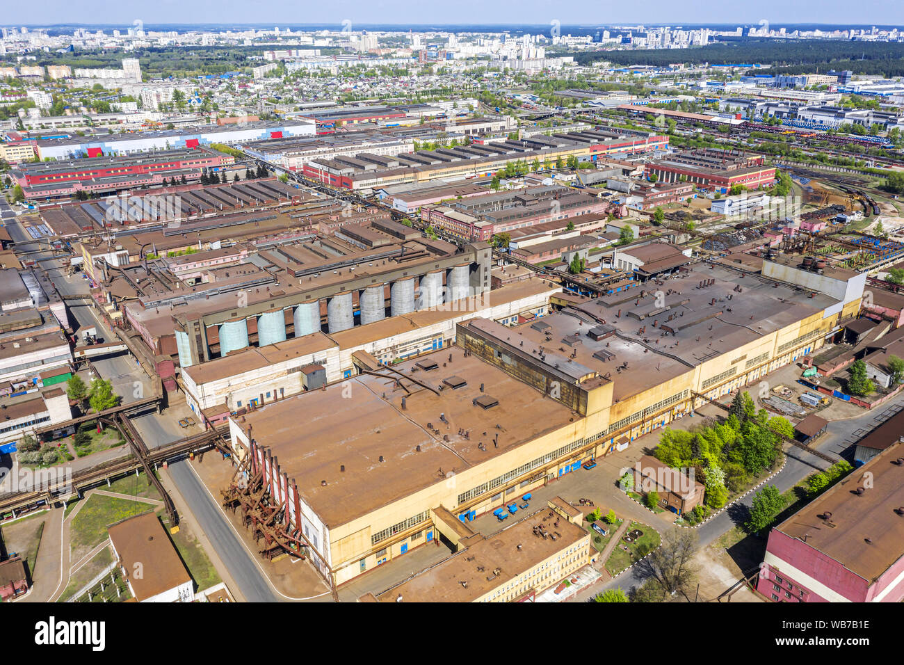 aerial top view of urban industrial district. roofs of factory ...