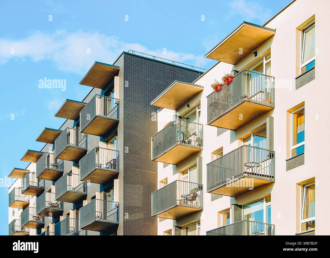 Detail of complex of modern residential buildings with balconies Stock ...