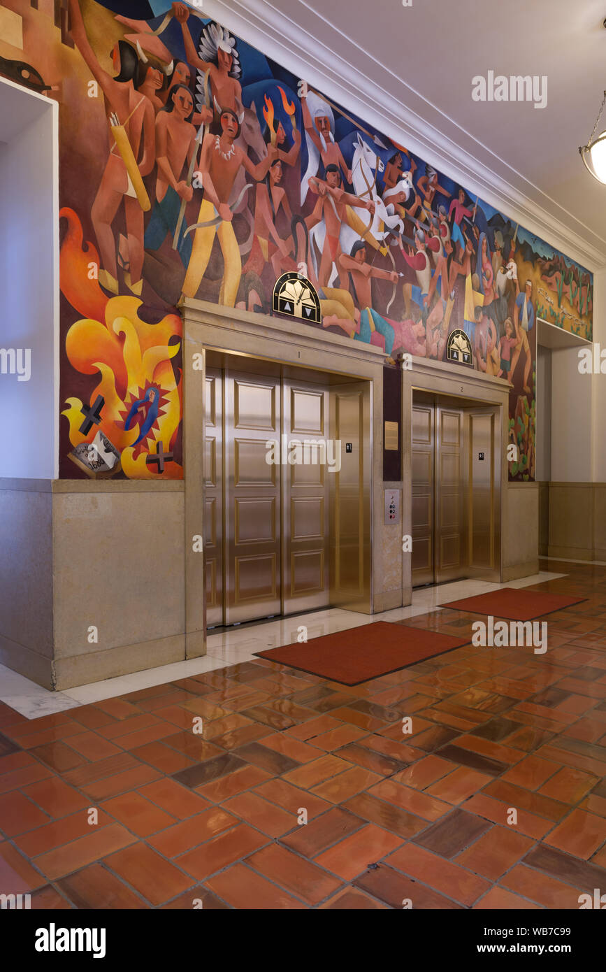 First floor WPA mural at Lobby elevator, U.S. Courthouse, Albuquerque ...