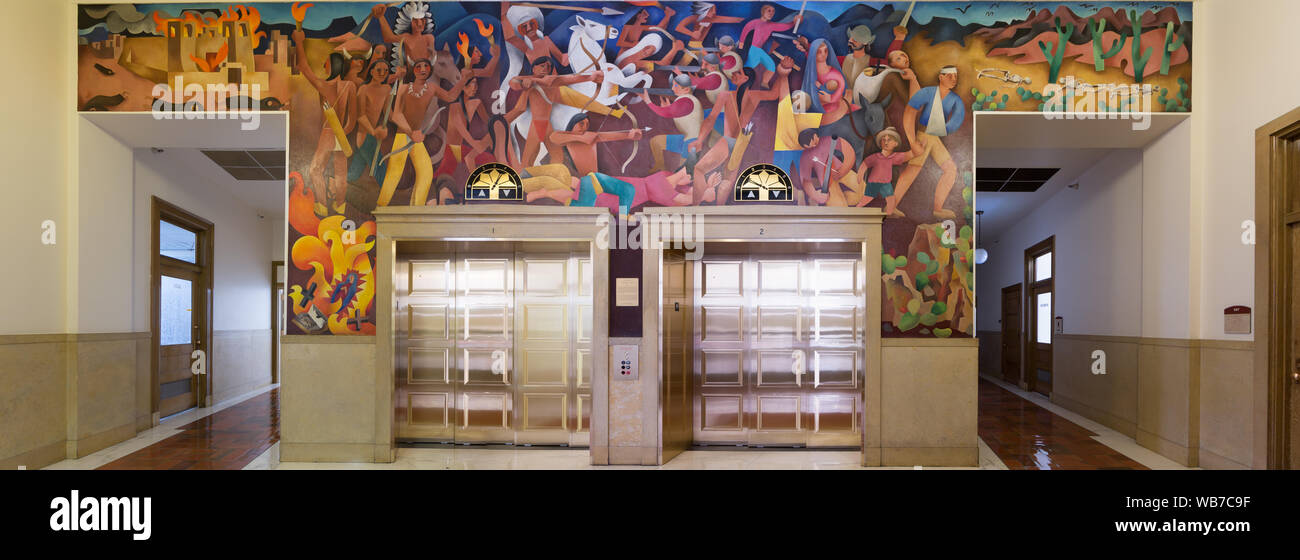First floor WPA mural at elevator at the U.S. Courthouse, Albuquerque ...