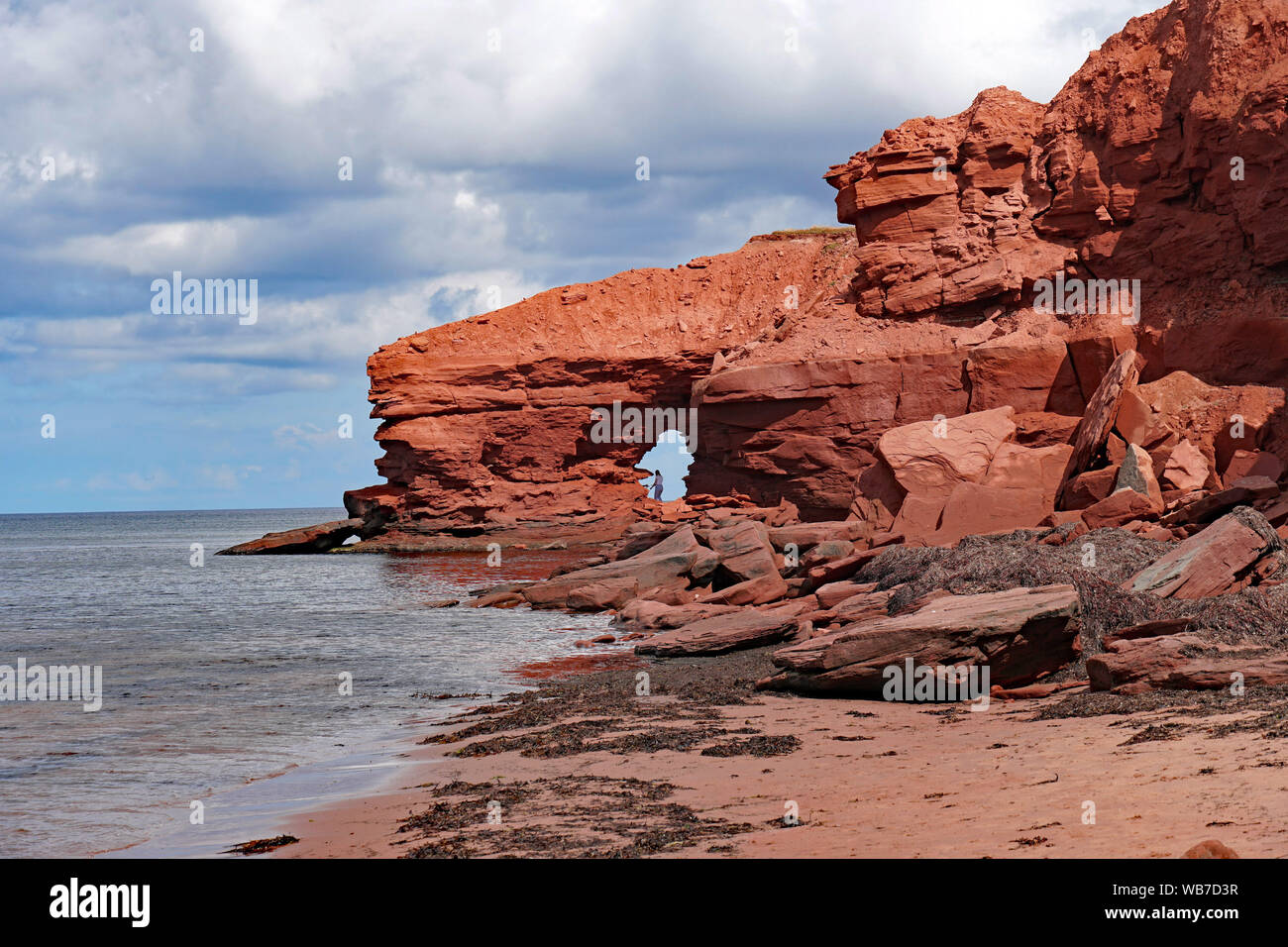 Red sandstone cliff with cave on north coast of Prince Edward Island ...