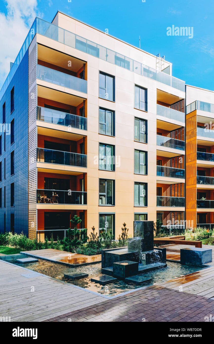 Fountain at complex of apartment residential buildings. And outdoor ...