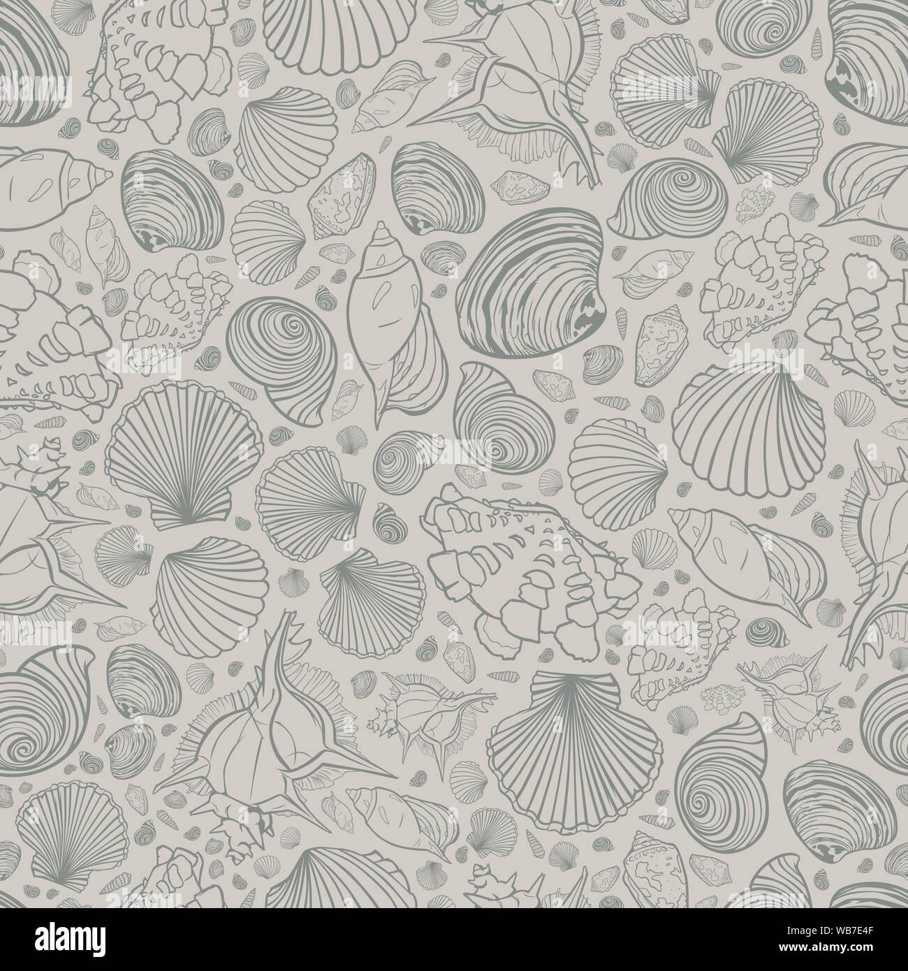 Vector neutral grey repeat pattern with variety of seashells. Suitable ...