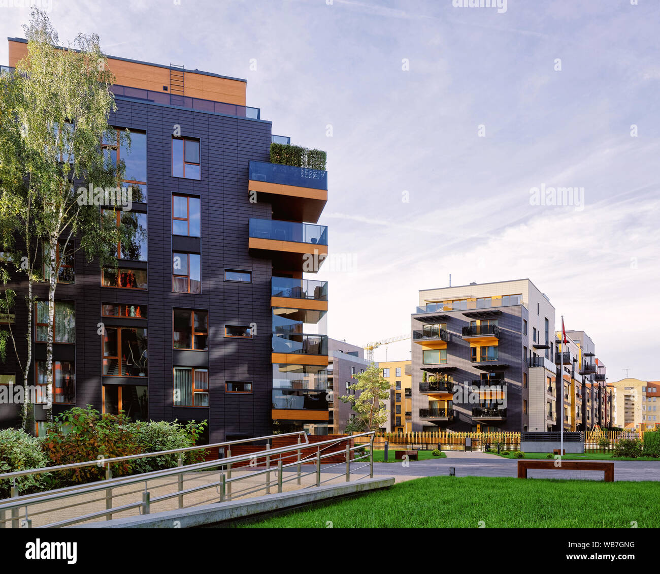 Modern glass apartment residential buildings. And outdoor facilities ...