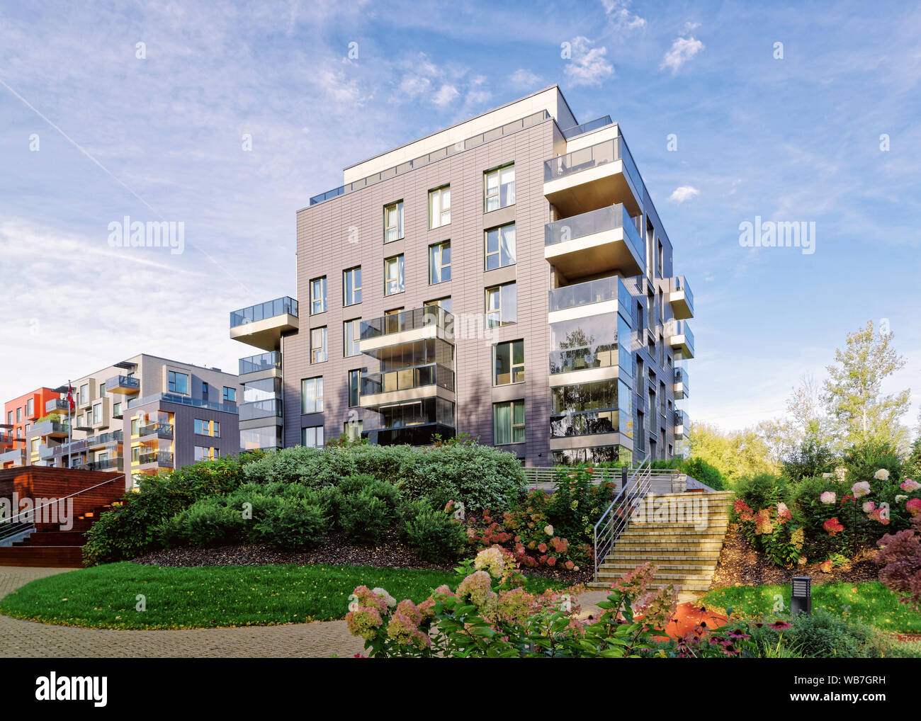 Modern glass residential apartment buildings. And outdoor facilities ...