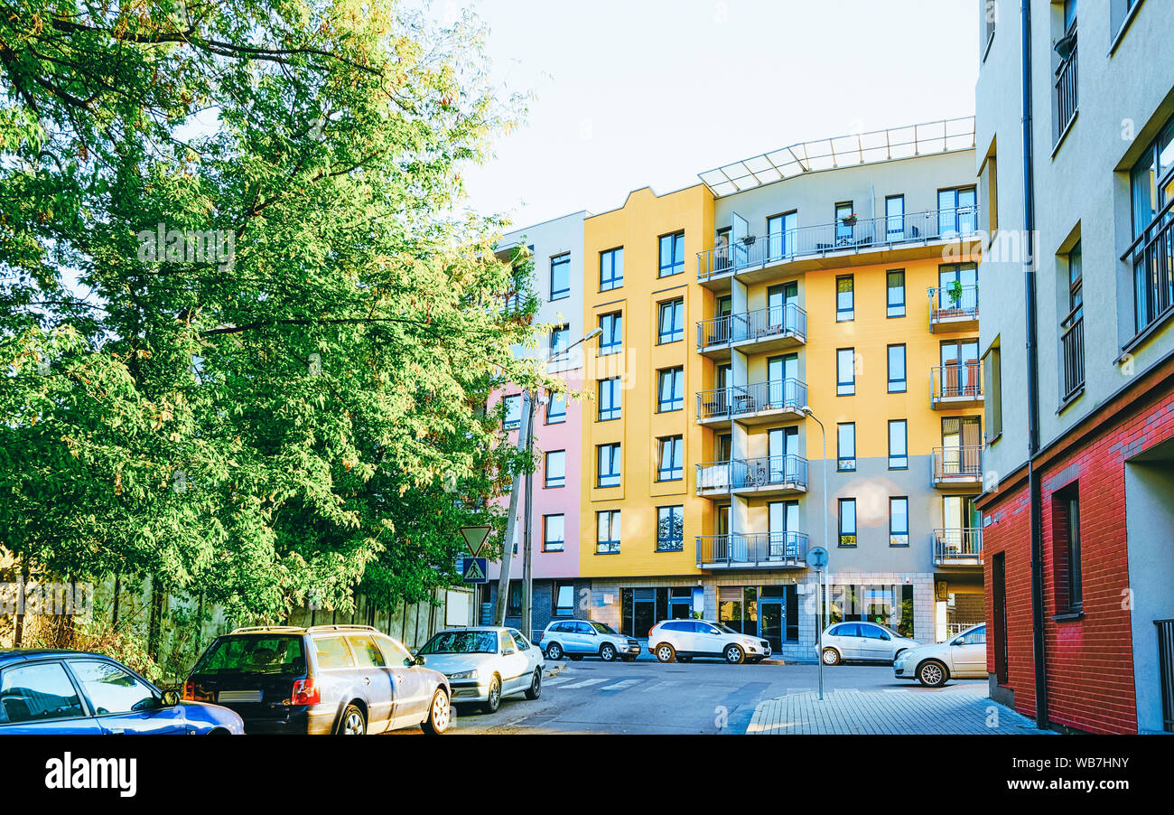 Modern residential apartment house complex block with outdoor facility ...