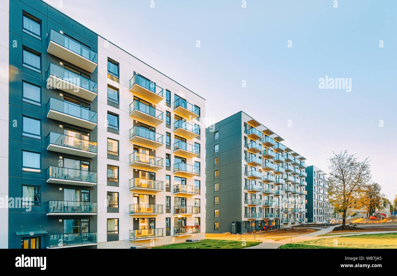 New apartment house residential building outdoor concept. Street and ...