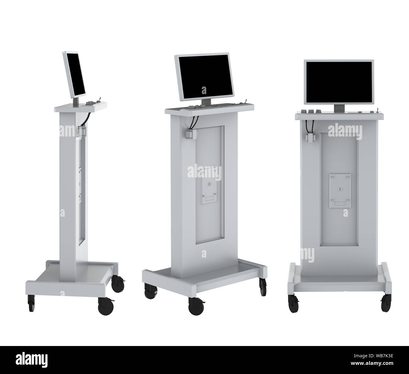 3d rendering computer monitor on podium with wheel isolated on white ...