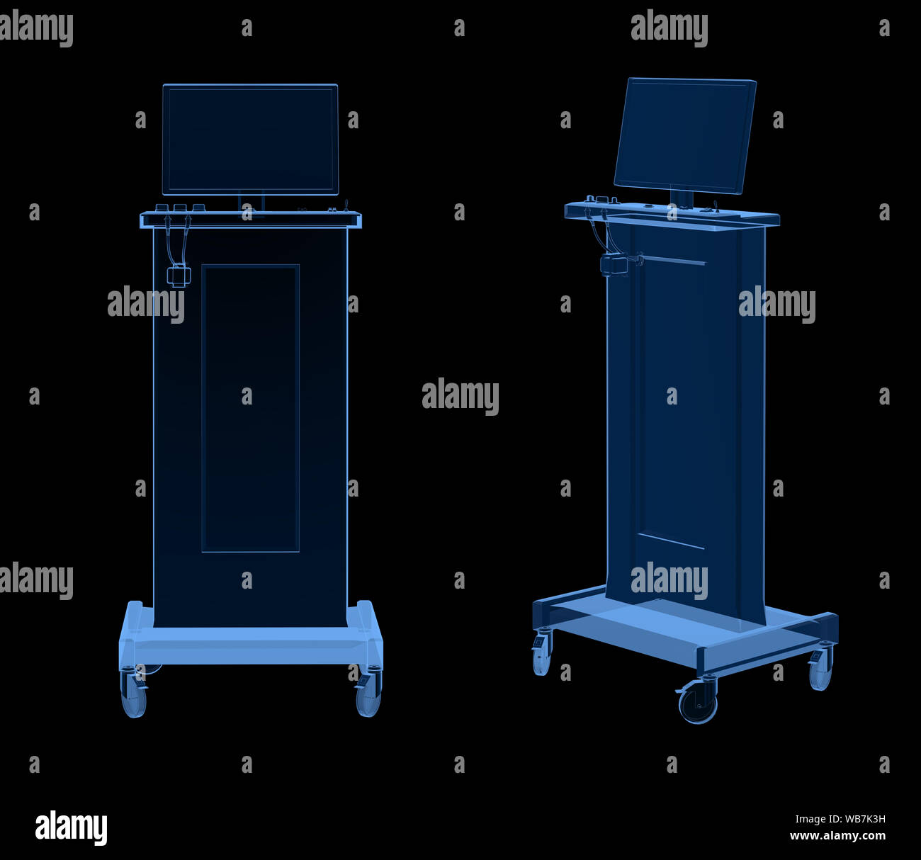 3d rendering x-ray computer monitor on podium with wheel isolated on ...