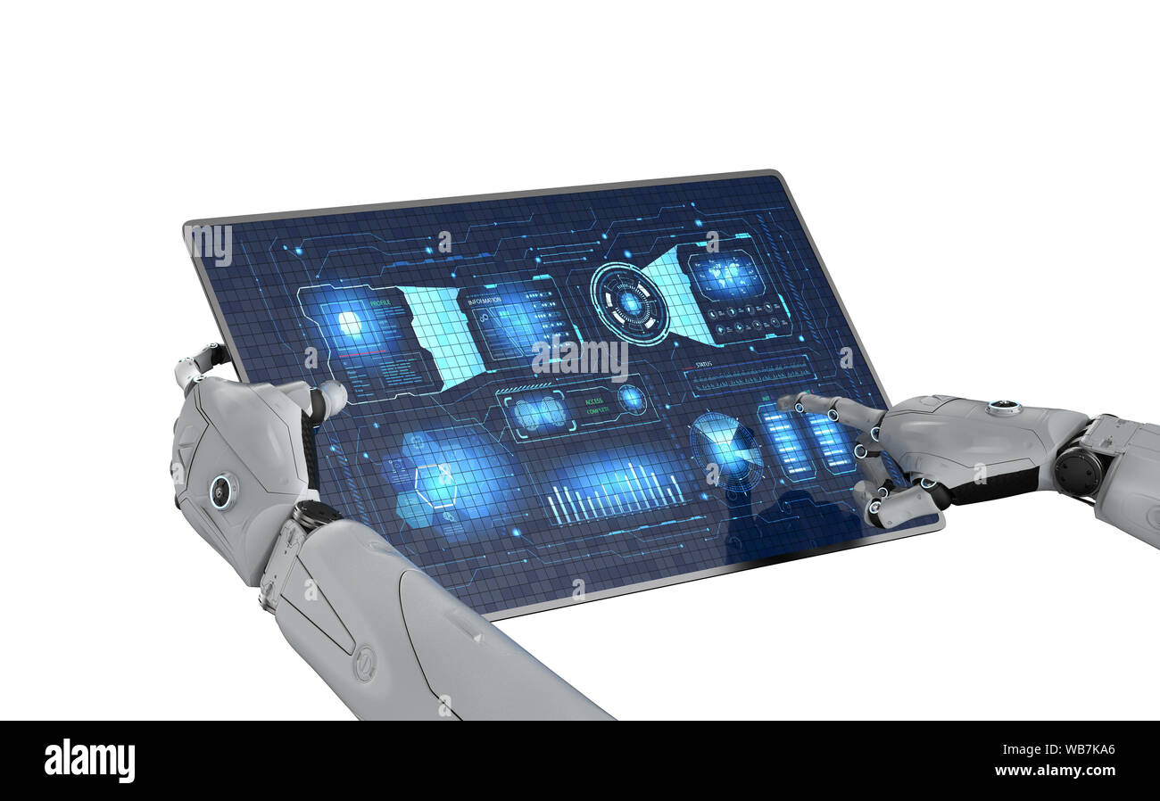3d rendering robot hand hold tablet with graphic display Stock Photo ...