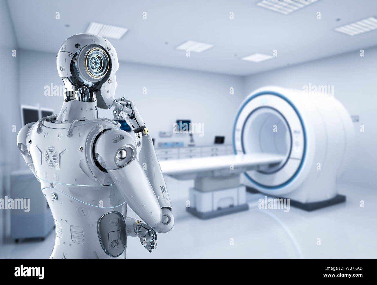 Medical technology concept with 3d rendering cyborg diagnos with C-Arm ...