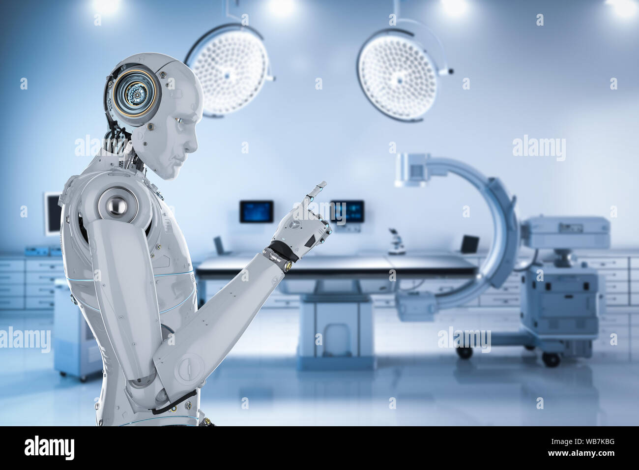 Medical technology concept with 3d rendering cyborg diagnos with C-Arm ...