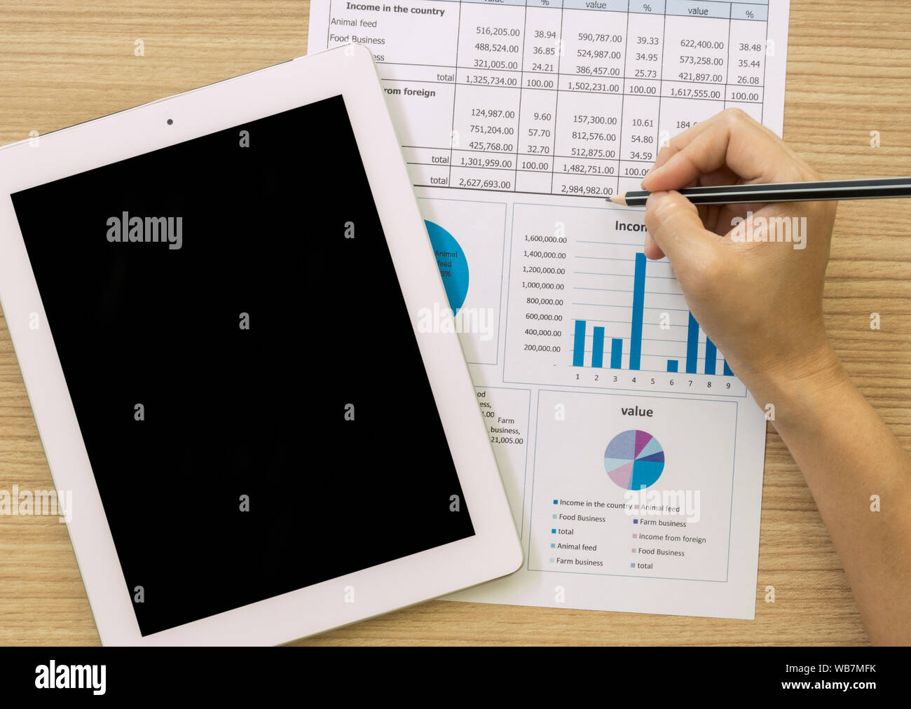 Analysis of data from report and tablet computer Stock Photo - Alamy