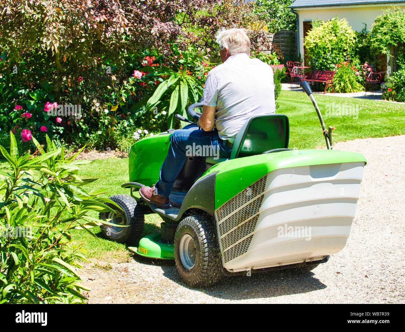 Senior man 75 old years driving a tractor lawn mower in garden with ...