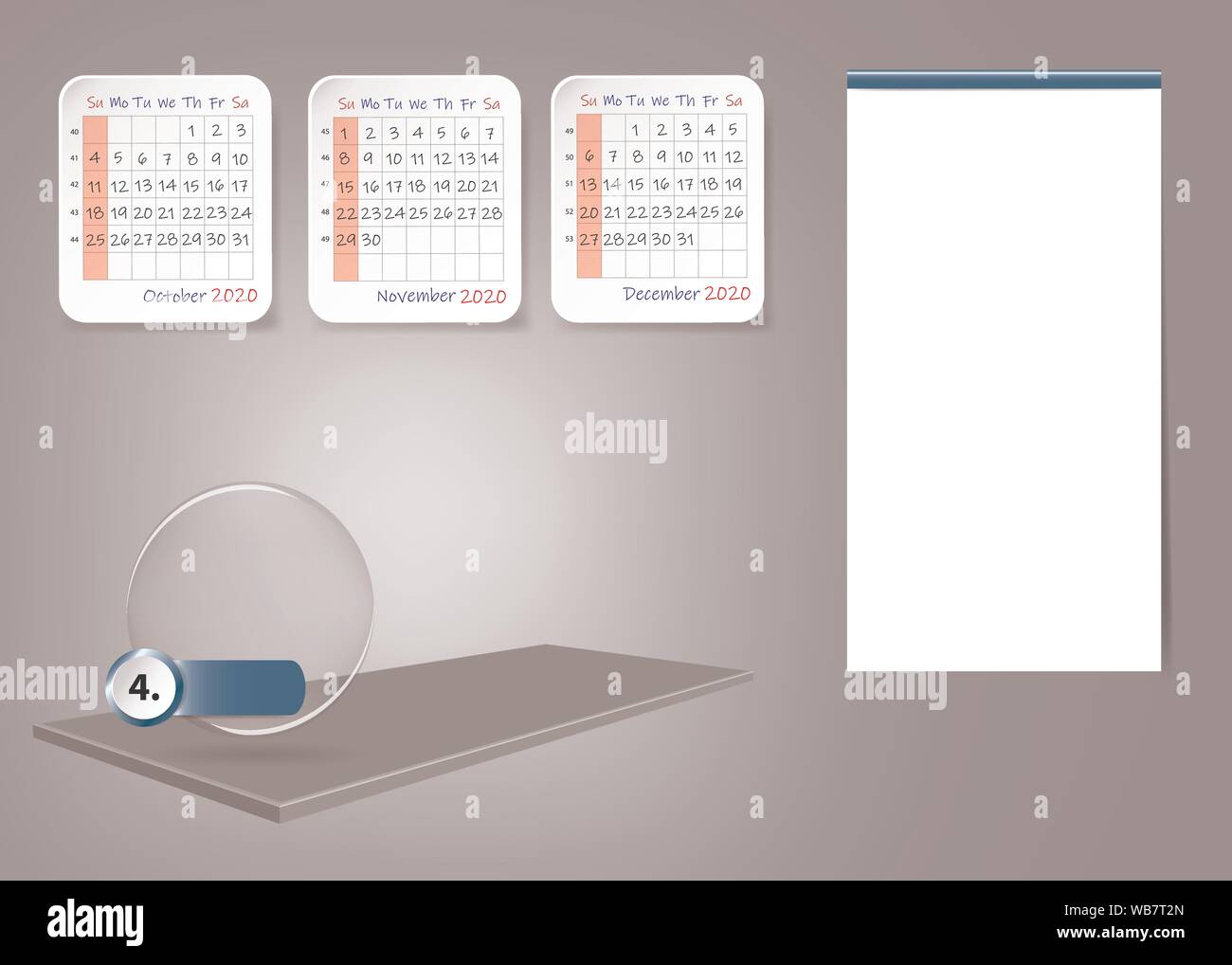 Calendar for fourth quarter of 2020 year on 3d table with blank label ...